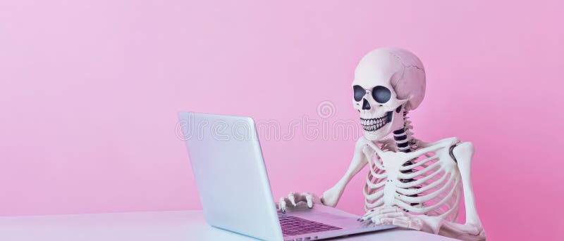 Skeleton Working on Laptop Against Pink Background Stock Photo - Image ...