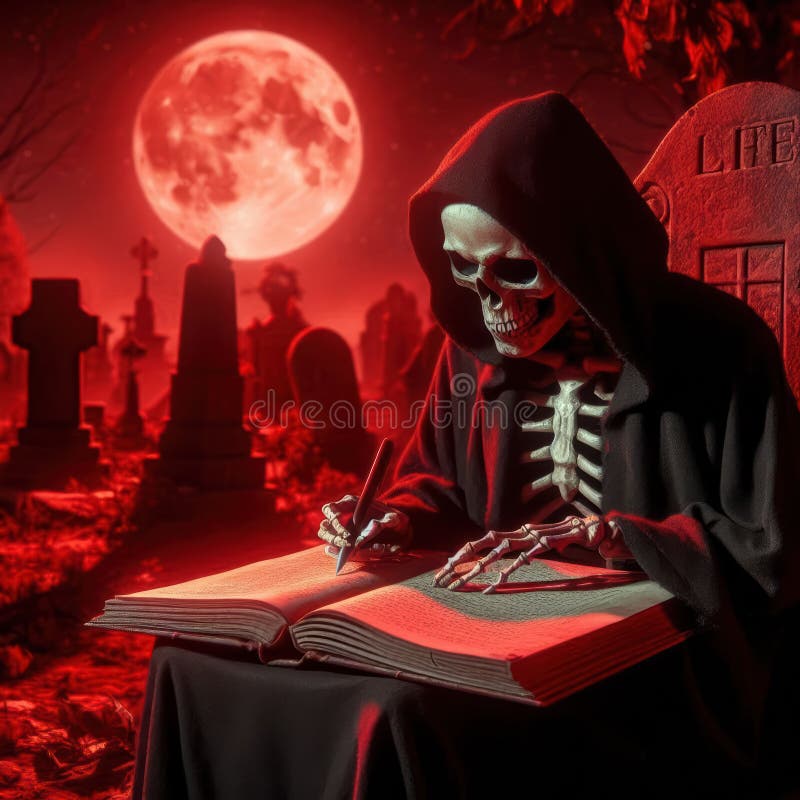 Skeleton Writing in Graveyard Under Full Moon at Night with Eerie Red ...