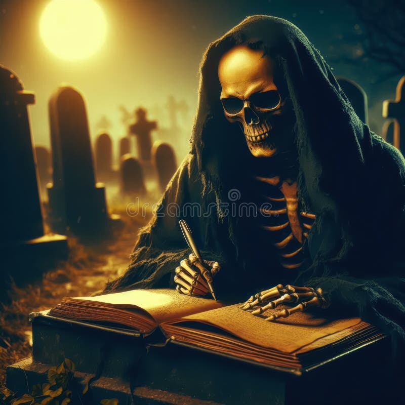 Skeleton Writing in Graveyard Under Full Moon Surrounded by Tombstones ...