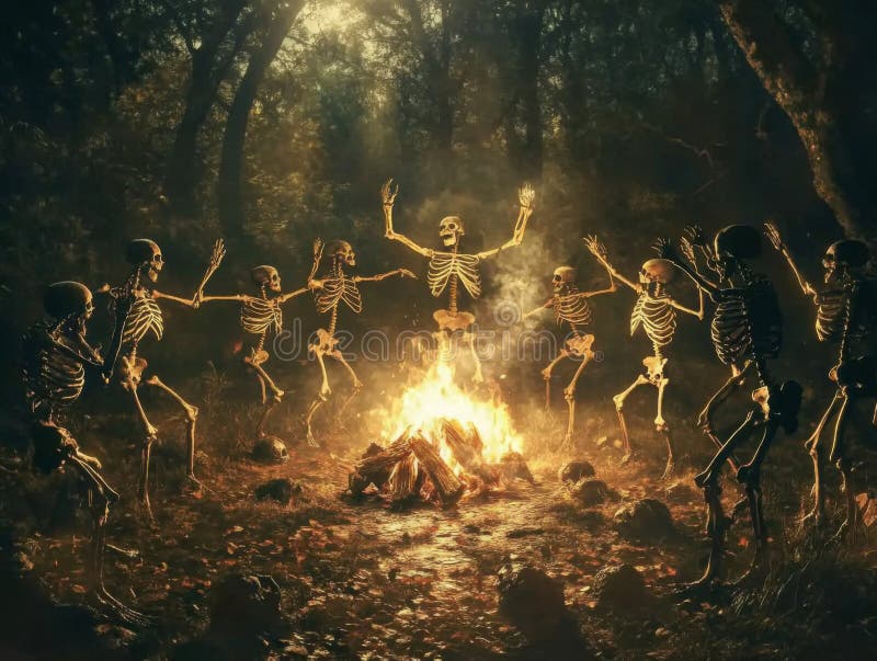 Skeletons Dancing Around a Campfire in a Dark Forest Stock Illustration ...