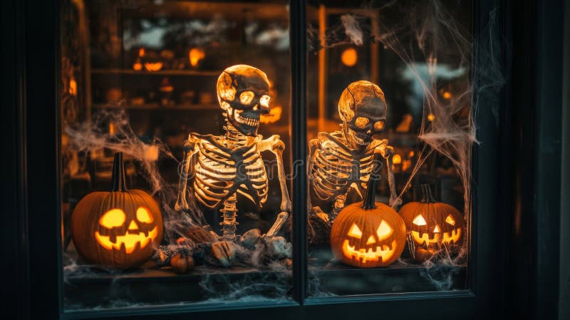 Skeletons and Jack-o -Lanterns in a Window Display Stock Illustration ...