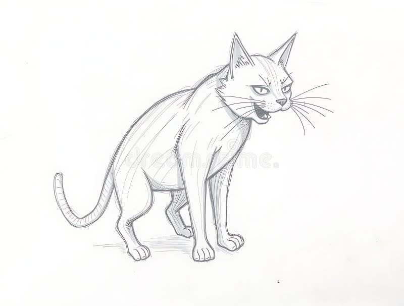 Sketch of Alert Cat with Open Mouth and Sharp Expression Stock ...