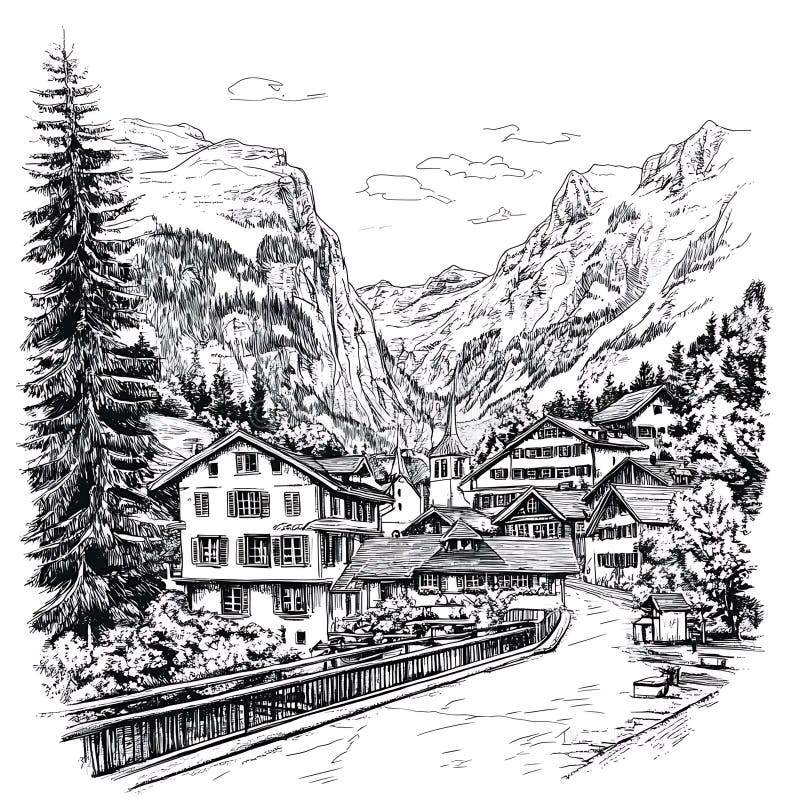 Sketch of Alpine Village Nestled in Mountains Stock Illustration ...