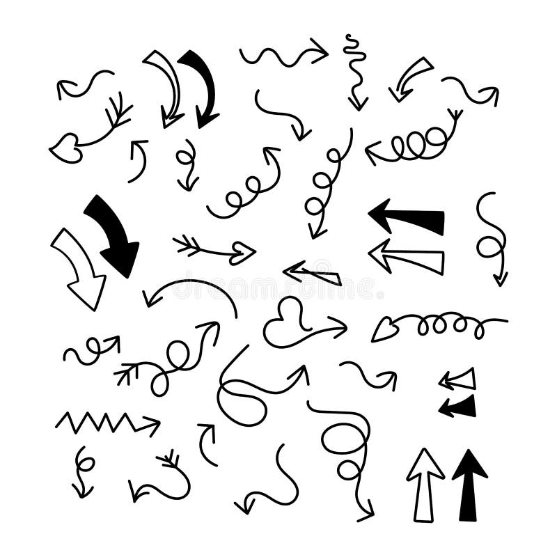 Sketch Arrows. Doodle Black Arrow Direction Line Symbols. Scribble Way ...