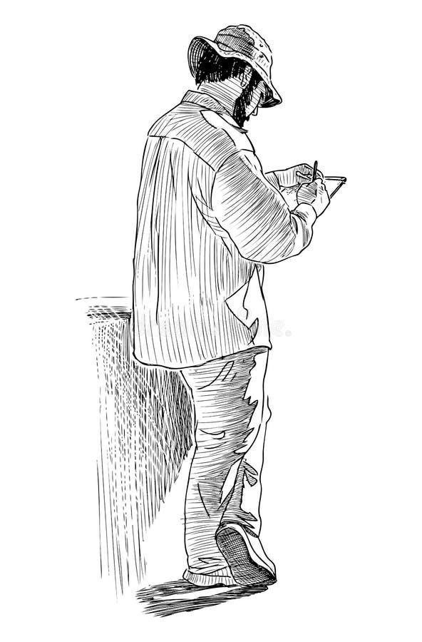 Sketch of an Artist in a Hat Sketching in Open Air Stock Vector ...