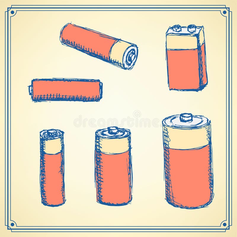 Sketch Batteries Set in Vintage Style Stock Vector - Illustration of ...