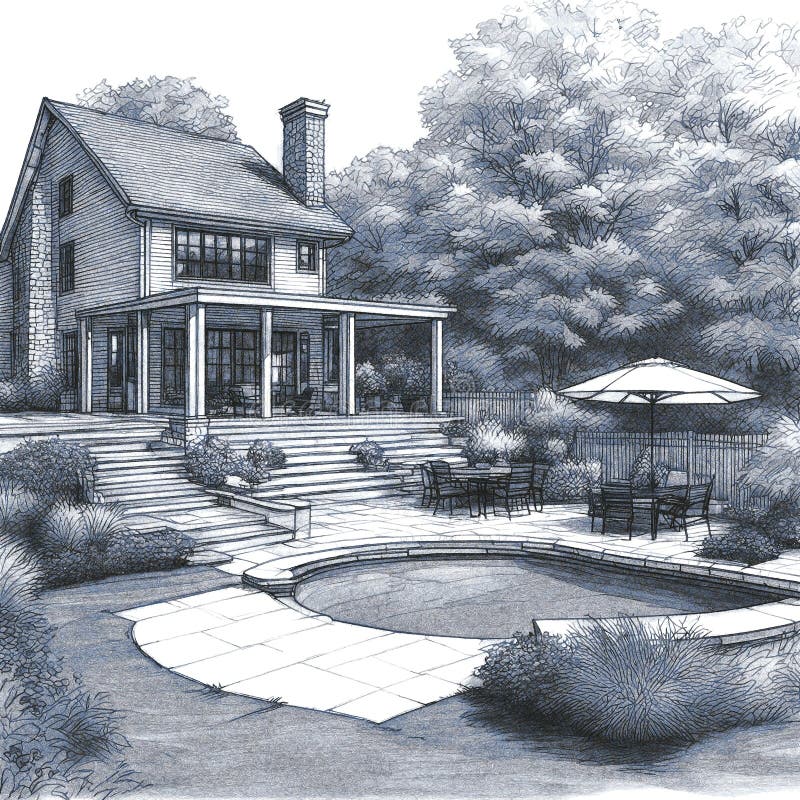 Sketch of a Tranquil Backyard Oasis Stock Illustration - Illustration ...