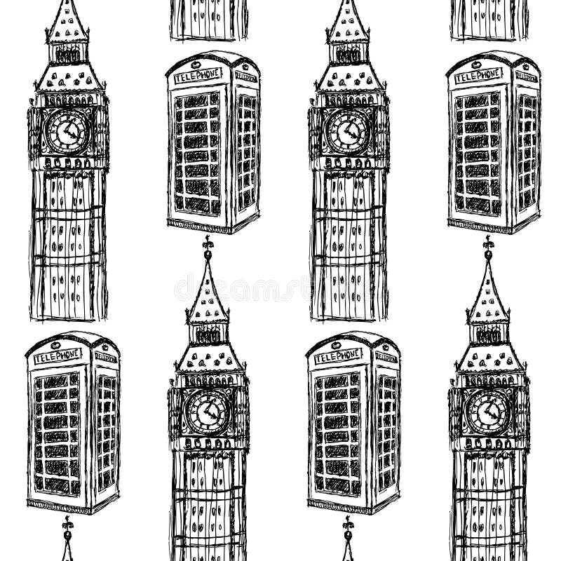 Sketch Big Ben and Phone Cabin, Seamless Pattern Stock Illustration ...