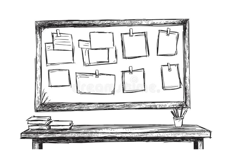Sketch of a Blackboard with Pinned Notes and Papers. Stock Vector ...