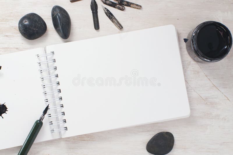 Sketch Book, Ink And Drawing Pen On A Table Stock Photo - Image of ...