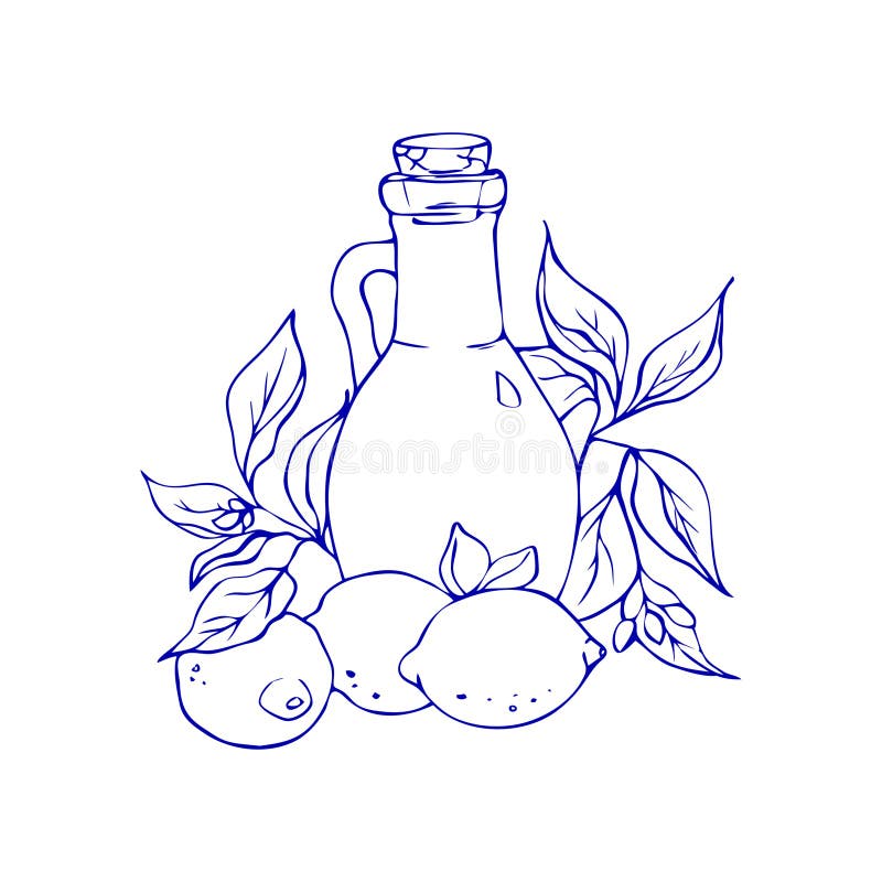 Sketch with a Bottle and Lemons. Mediterranean Sea Stock Vector ...