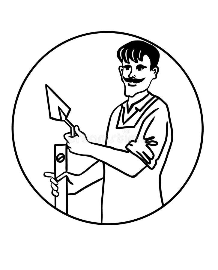 Drawing Bricklayer with Tools in Hands on a White Background Stock ...