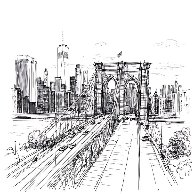 Sketch of Brooklyn Bridge and NYC Skyline. (2 Stock Illustration - Illustration of street ...