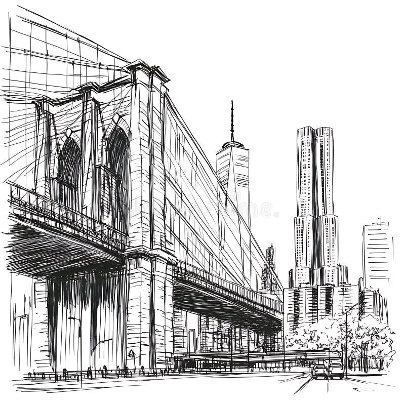 Sketch of Brooklyn Bridge and NYC Skyline Stock Illustration ...