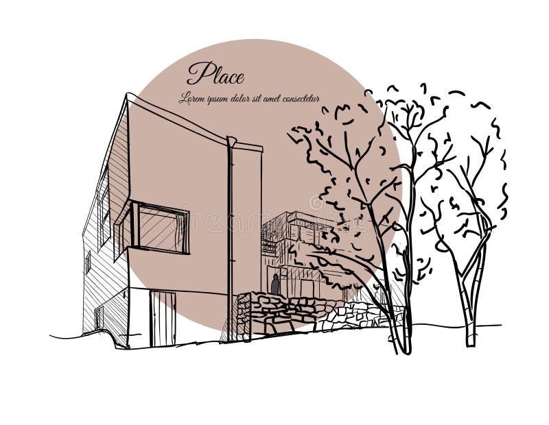 Sketch of a Building with a Beige Circle on the Background with Text ...