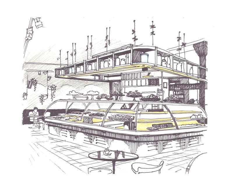 Sketch of cafe interior stock illustration. Illustration of counter ...