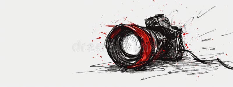 A Sketch of a Camera with Red Splatters on One Side Against a Pristine ...