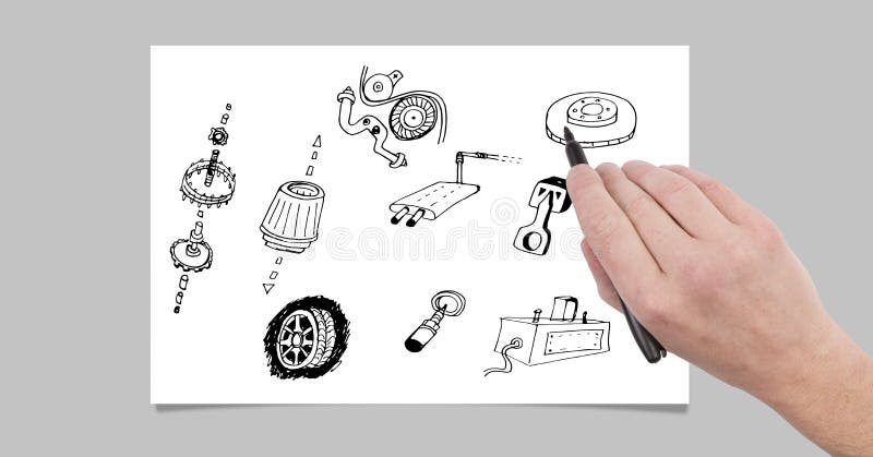 Sketch of Car Mechanic Elements and Hand Drawing Stock Image - Image of ...