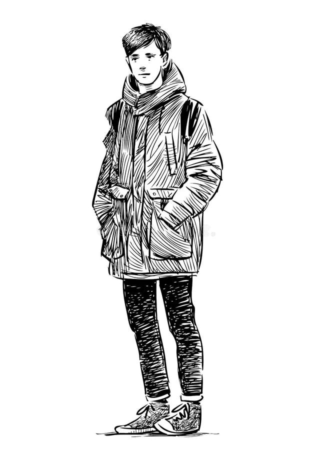 Sketch of a Casual Student Boy Standing in a Waiting Stock Vector ...