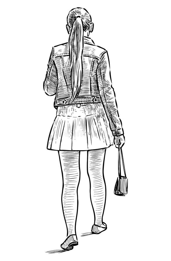 Sketch Of Casual Young City Woman Walking Along Street Stock Vector