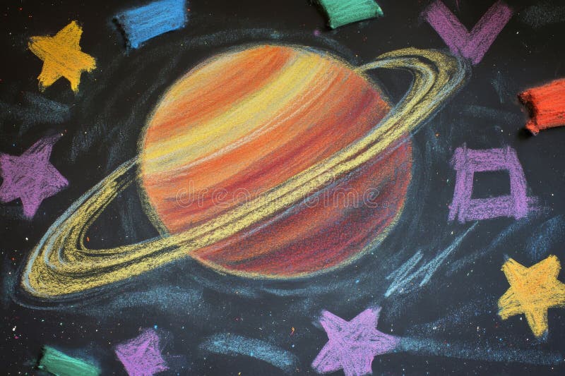 A Sketch on a Chalkboard of a Planet Surrounded by Stars and Rings ...