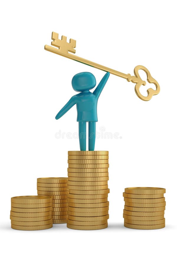 Sketch Character and Gold Key on Coin Stacks 3D Illustration Stock ...