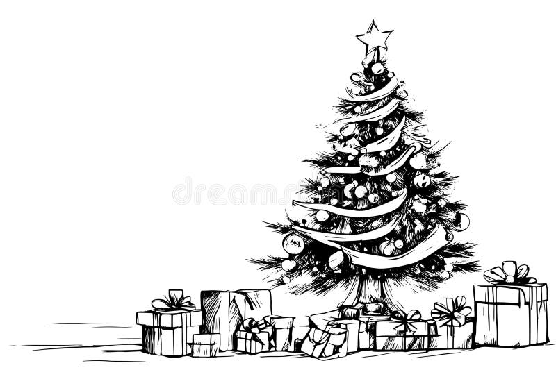 Sketch Christmas Tree and Gifts. Christmas Card, Drawing for Your ...