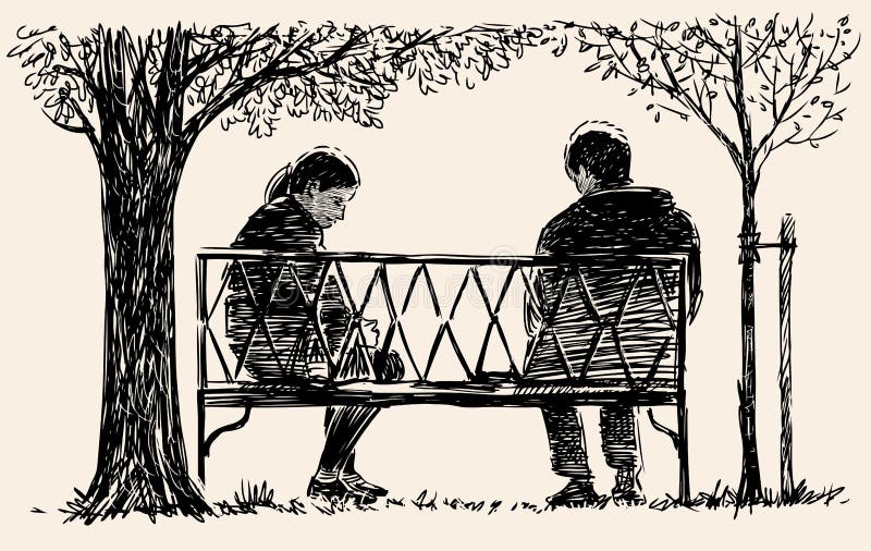 Sketch of Citizen Couple Sitting on a Park Bench and Talking Stock ...