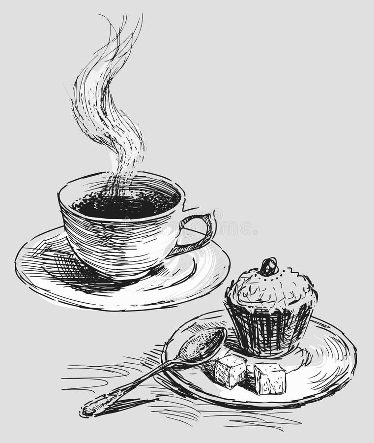 Sketch of Coffee Cup with Teaspoon and Cupcake on Saucer Stock Vector ...