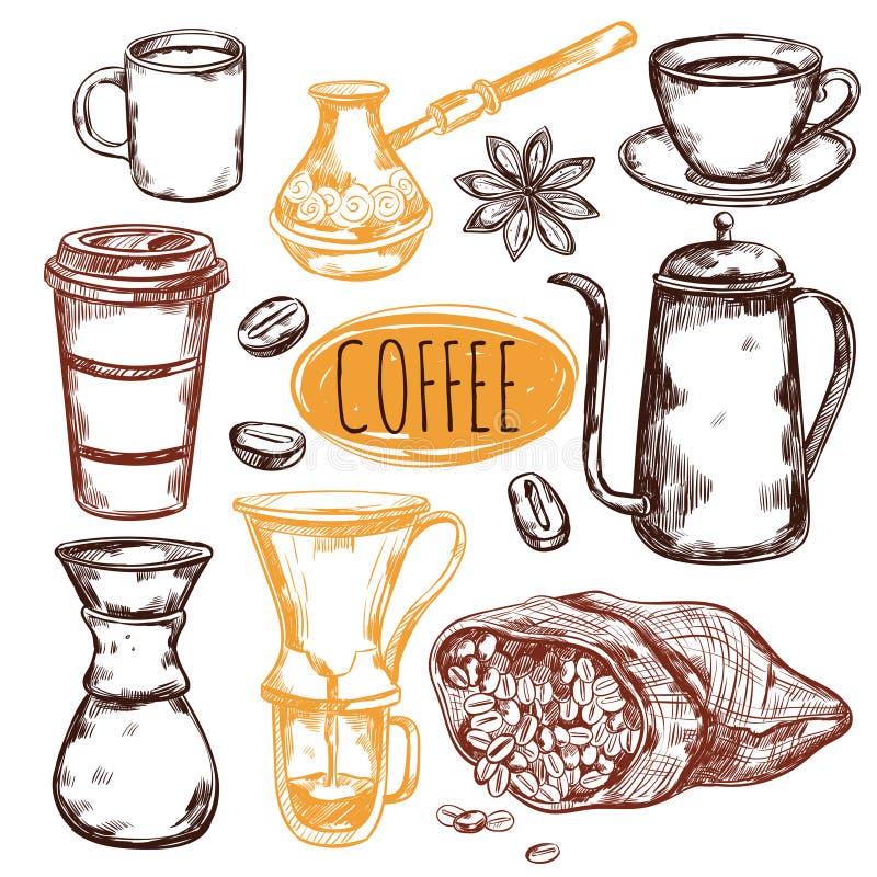 Sketch Coffee Icon Set stock vector. Illustration of cafe - 213500734