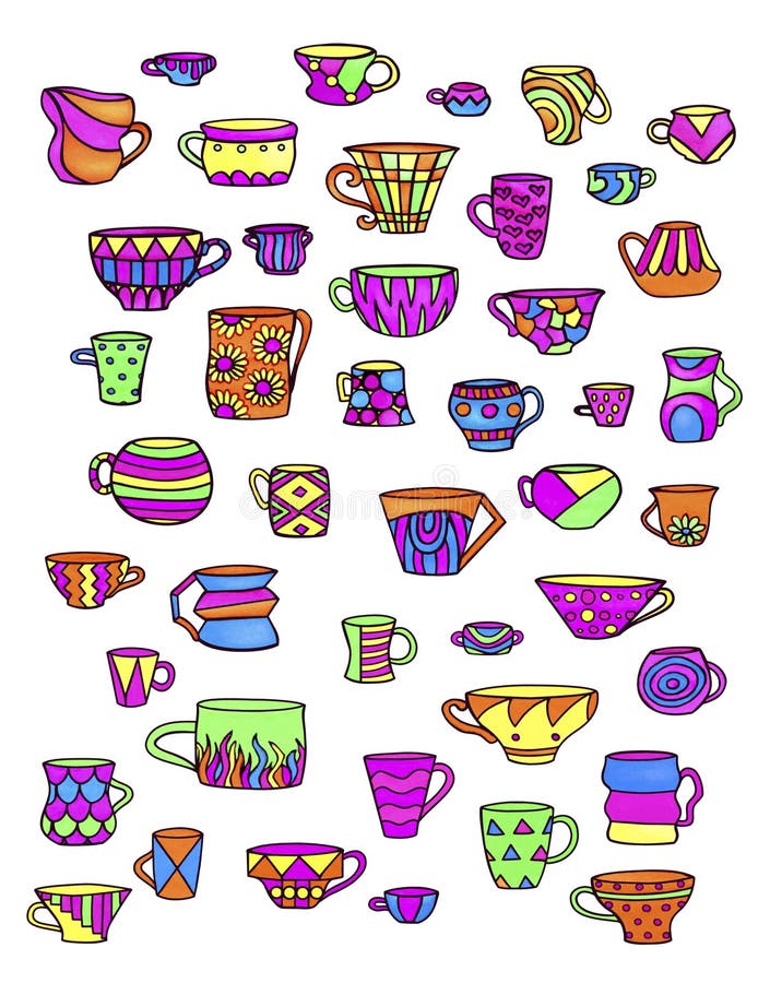 Sketch Colorful Cups and Mugs Stock Illustration - Illustration of ...