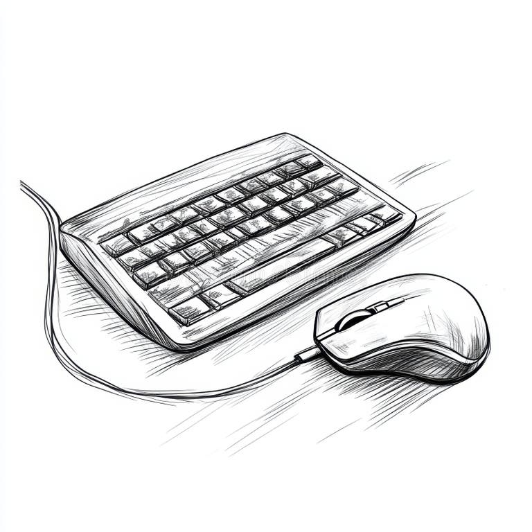 Sketch of a Computer Keyboard and Mouse Connected by Cables Stock ...