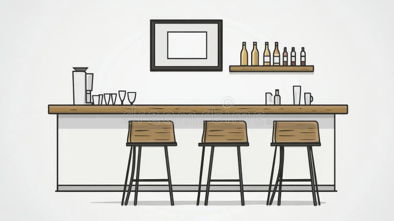 A Sketch of a Contemporary Cafe Bar with Shelves and Greenery, Ideal ...
