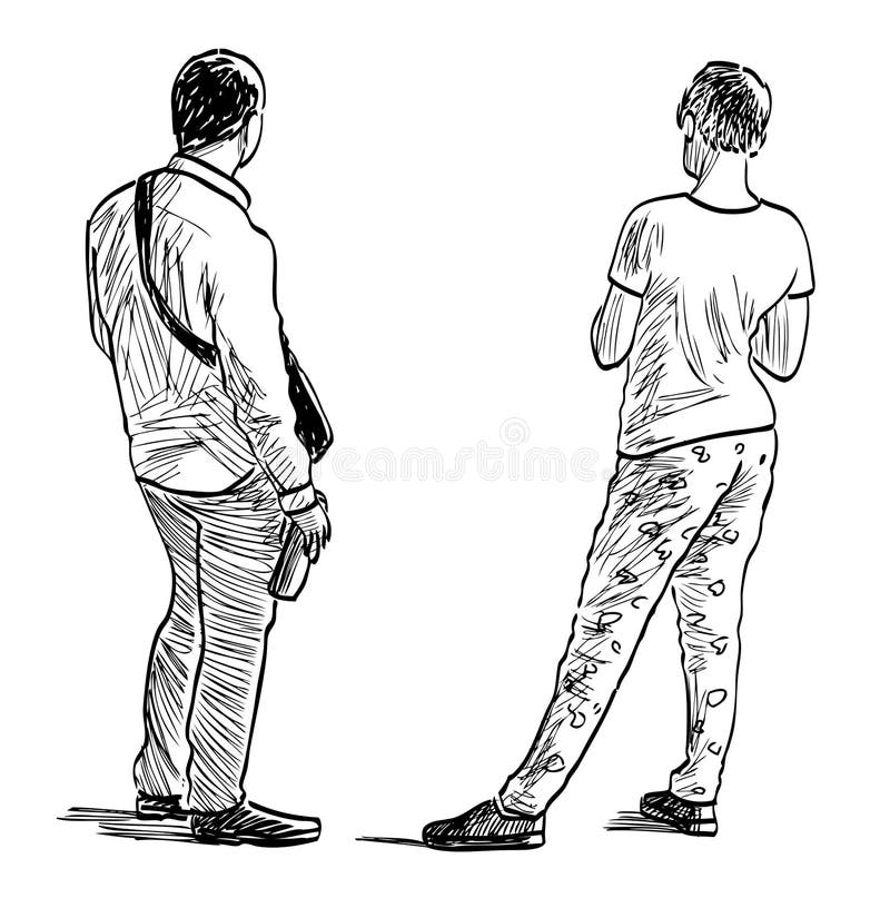Sketch of Couple Young People Standing Outdoors on Summer Day Stock ...