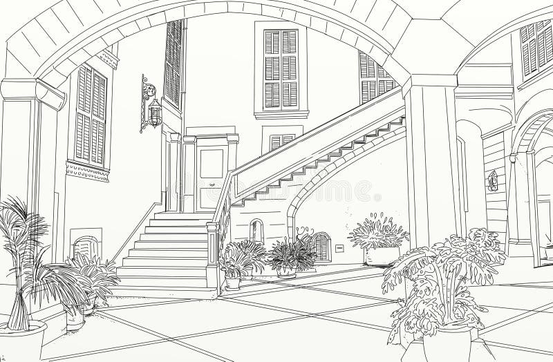 Sketch of the Courtyard of the House. Illustration Stock Illustration ...