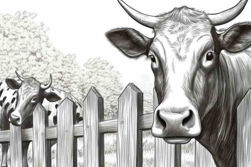 Sketch of Cows Behind a Wooden Fence Generative AI Stock Illustration ...
