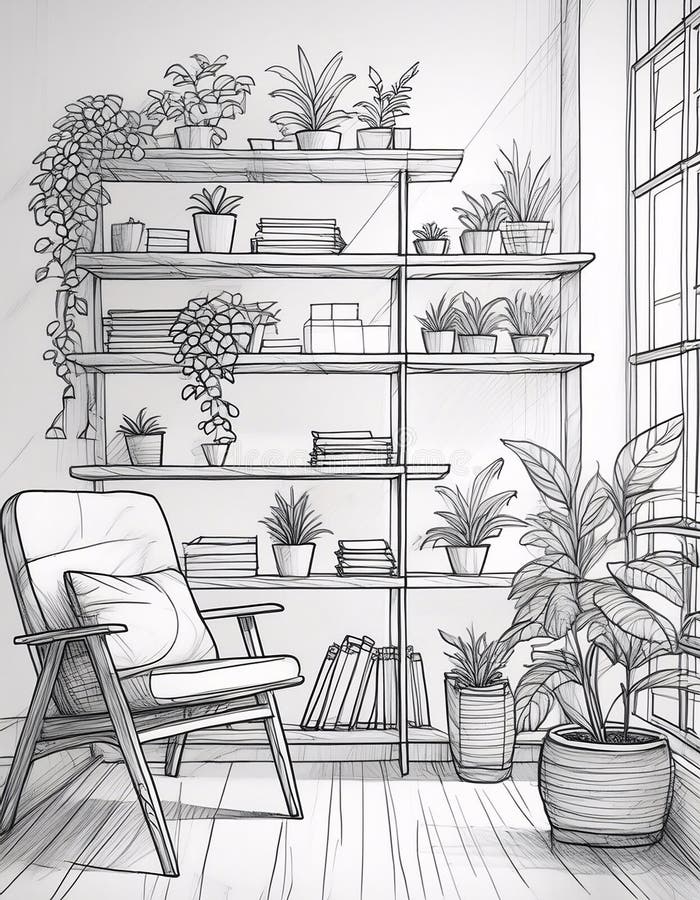 Sketch of a Cozy Reading Nook with Plants and Books. Generative AI ...