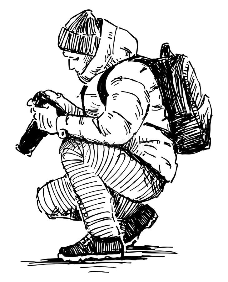 Sketch of Crouching Photographer with Camera at Work Outdoors Stock ...
