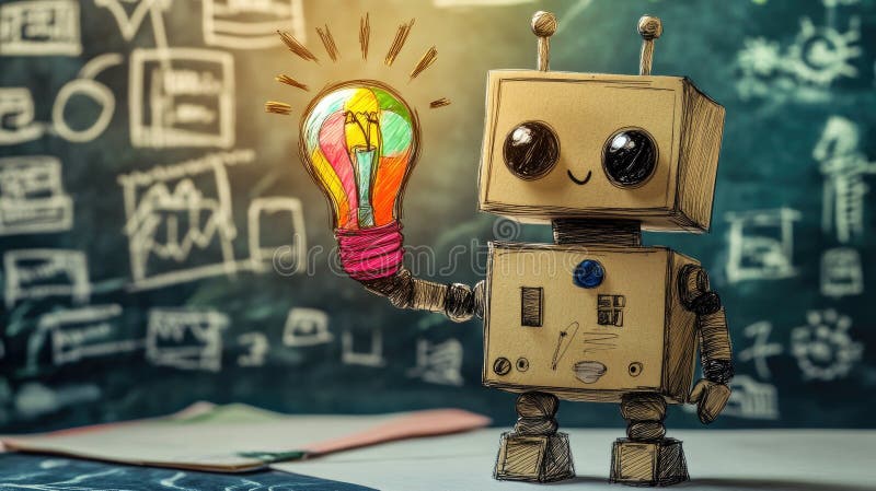 Sketch of Cute Robot Holding Glowing Light Bulb Stock Image - Image of ...