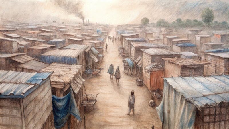 Sketch a Dense Slum Community with Makeshift Homes Stacked Closely ...
