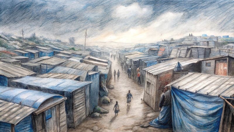 Sketch a Dense Slum Community with Makeshift Homes Stacked Closely ...