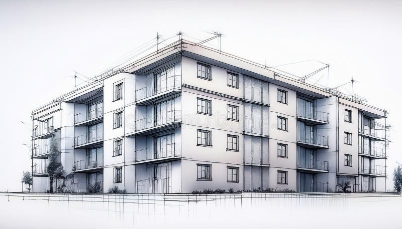 Hand Drawn Sketch of a Minimalist Residential Building Under ...