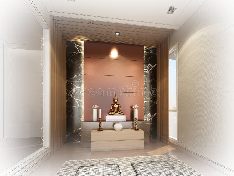 Sketch Design of Interior Buddha Room Stock Illustration - Illustration ...
