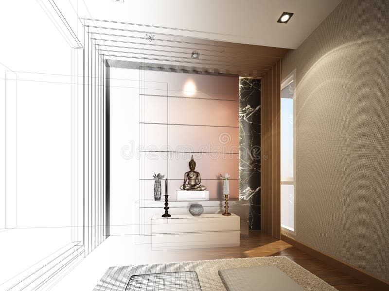 Sketch Design of Interior Buddha Room Stock Illustration - Illustration ...