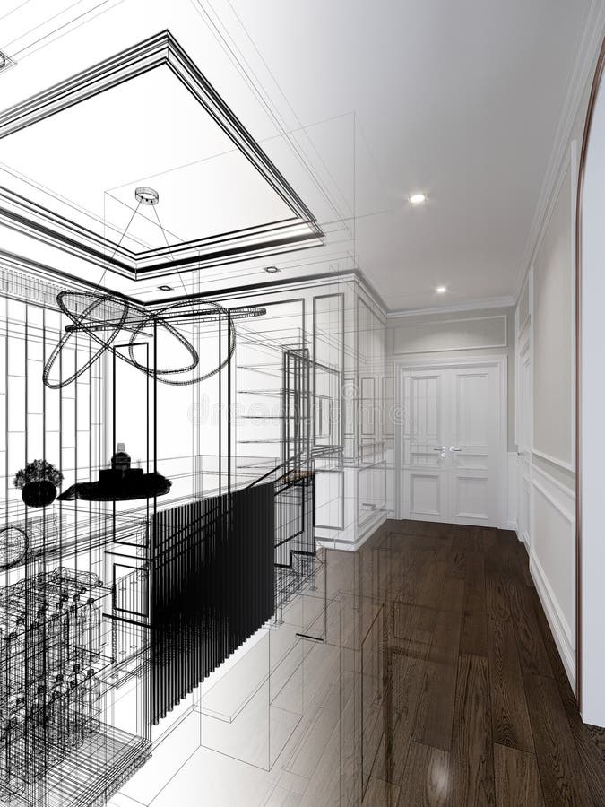 Sketch Design of Interior Stair Hall, 3d Stock Illustration ...