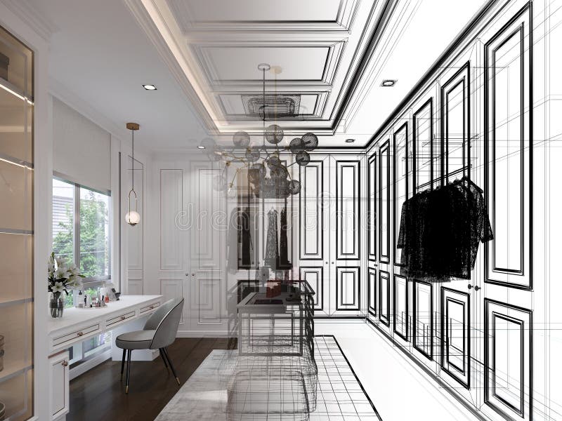 Sketch Design of Interior Walk-in Closet Room, 3d Stock Illustration ...