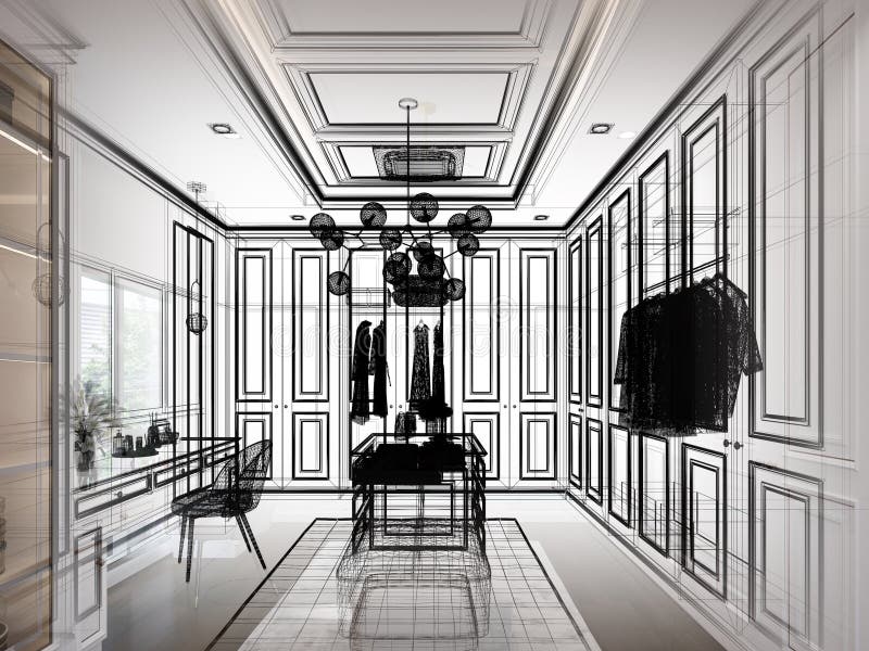Sketch Design of Interior Walk-in Closet Room, 3d Stock Illustration ...