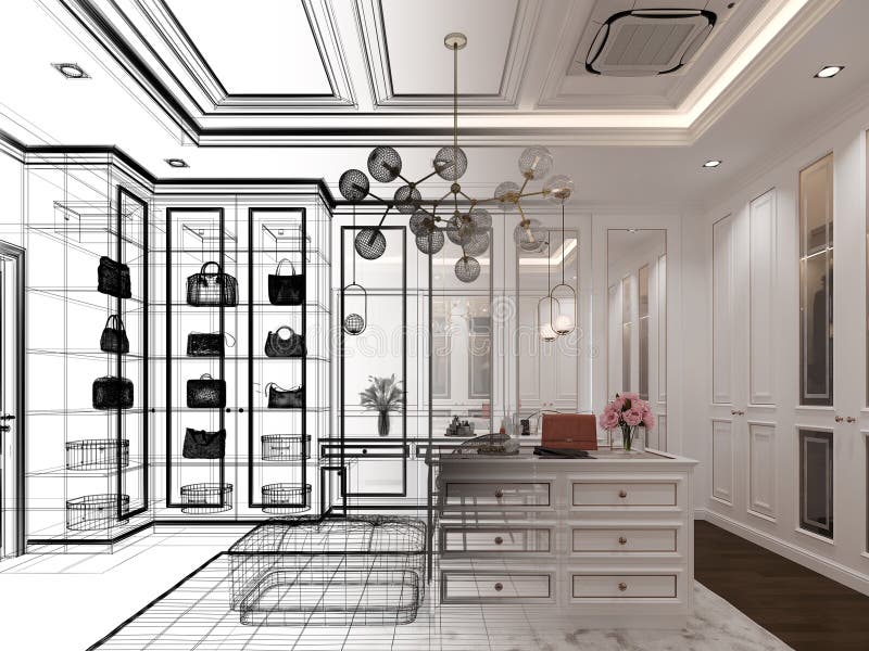 Sketch Design of Interior Walk-in Closet Room, 3d Stock Illustration ...