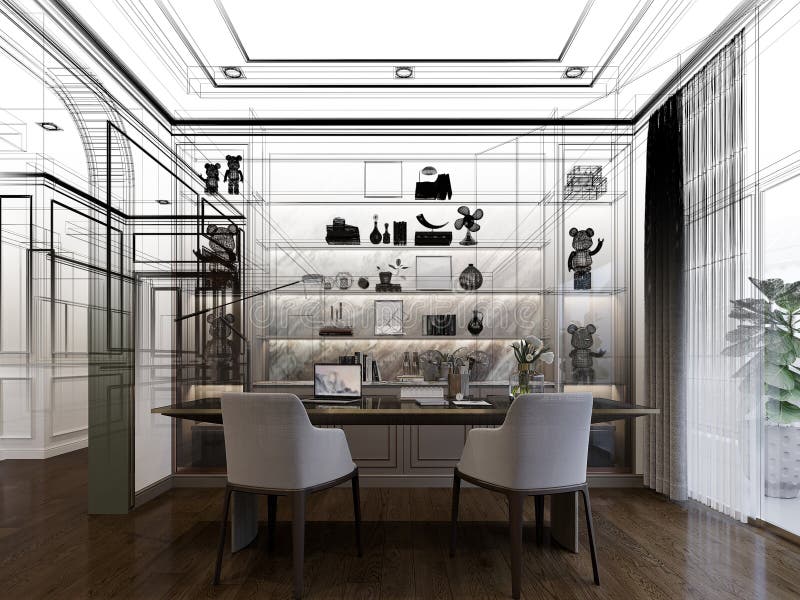 Sketch Design of Interior Working Room, 3d Stock Illustration ...