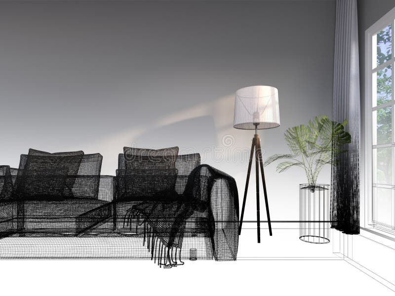 Sketch Design of Living Room ,3d Rendering Stock Illustration ...